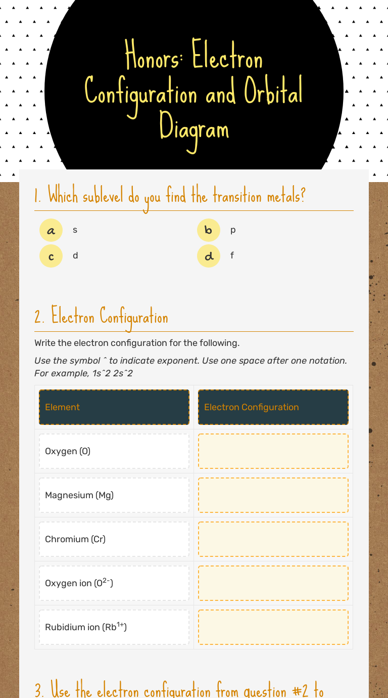 Honors: Electron Configuration and Orbital worksheet