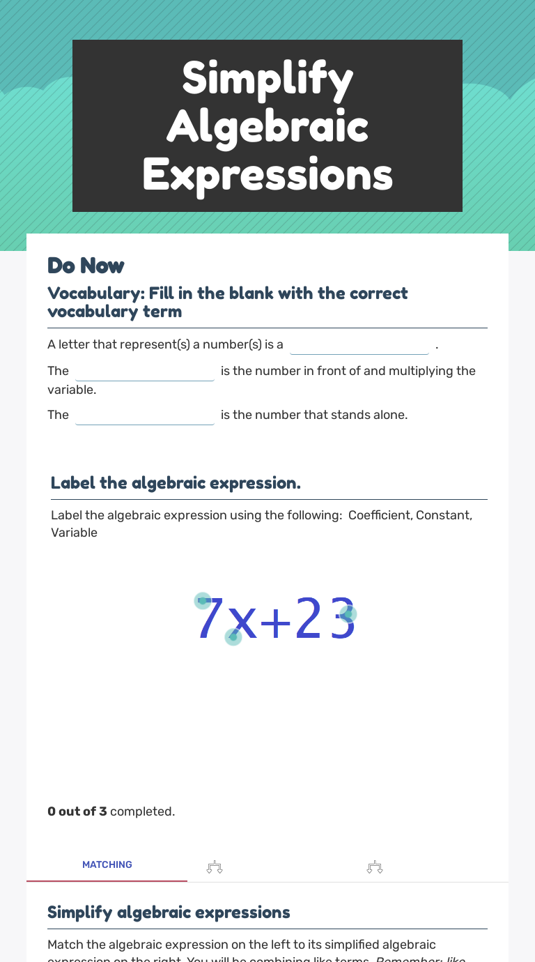 Simplify Algebraic Expressions | Interactive Worksheet by K Bernardini ...