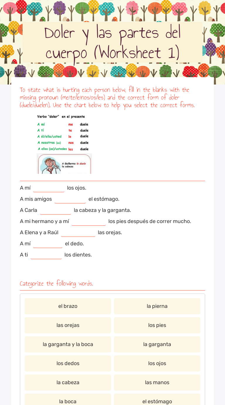 Doler y las partes del cuerpo (Worksheet 1) by Fernanda Castillo ...