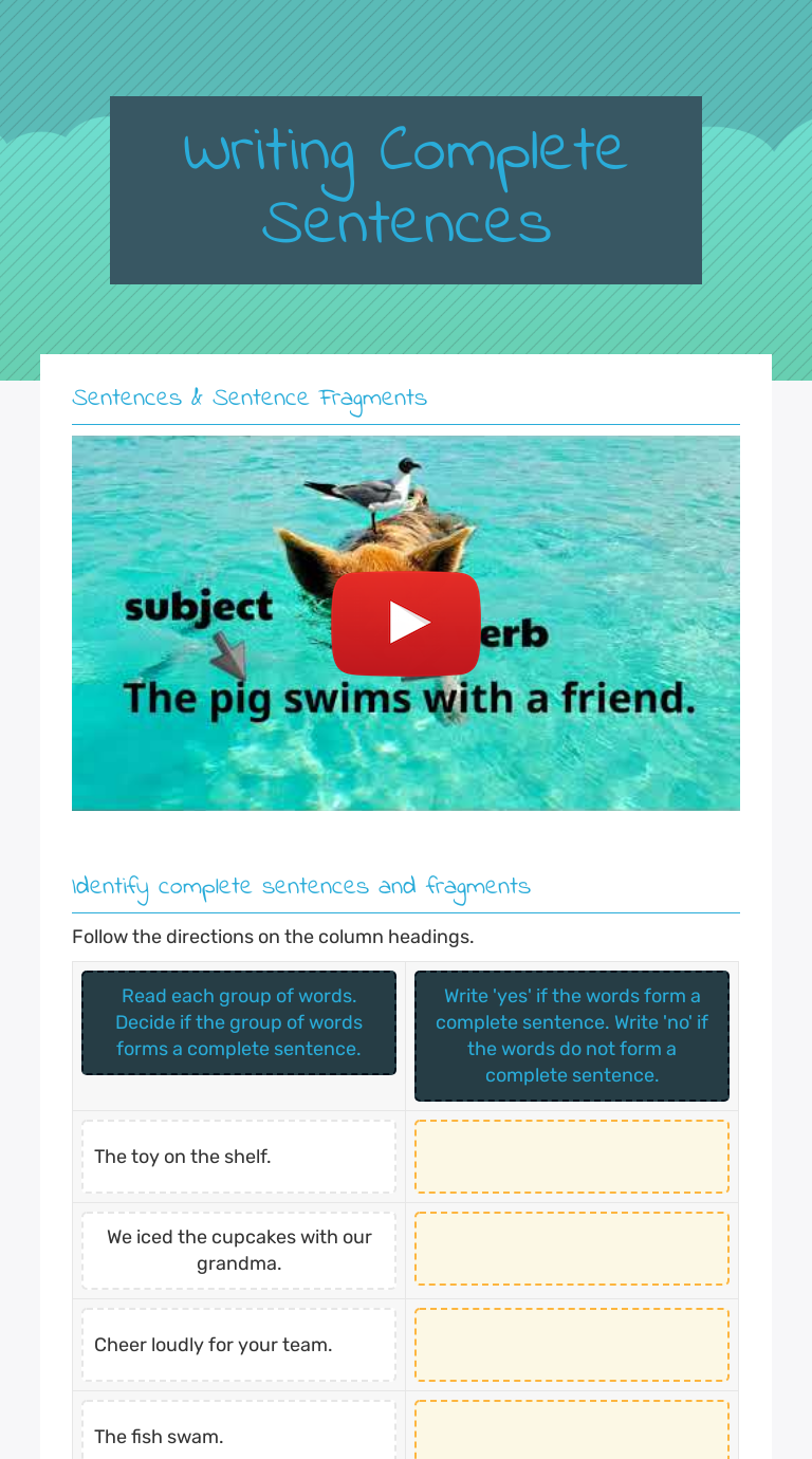 Writing Complete Sentences Interactive Worksheet By Lynn Kraus Wizer me