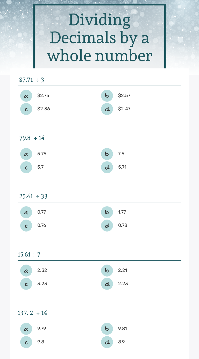 Dividing Decimals By A Whole Number Interactive Worksheet By Jeffery 