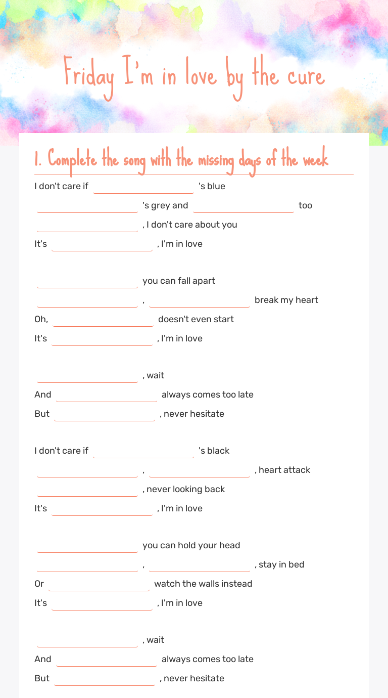 Friday I'm in love by the cure | Interactive Worksheet by Rafaele ...