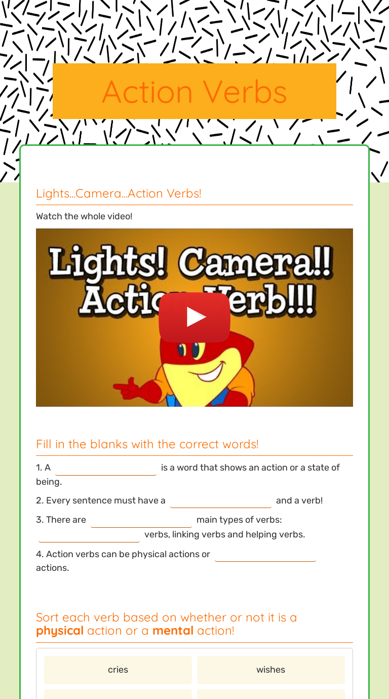 Action Verbs by Kristina Michener | Interactive Worksheet | Wizer.me