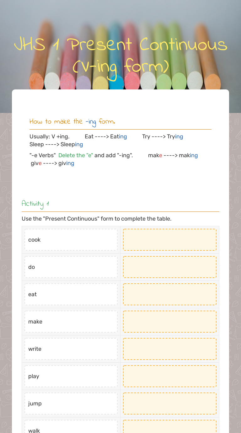JHS 1 Present Continuous (V-ing form) | Interactive Worksheet by Eugene ...