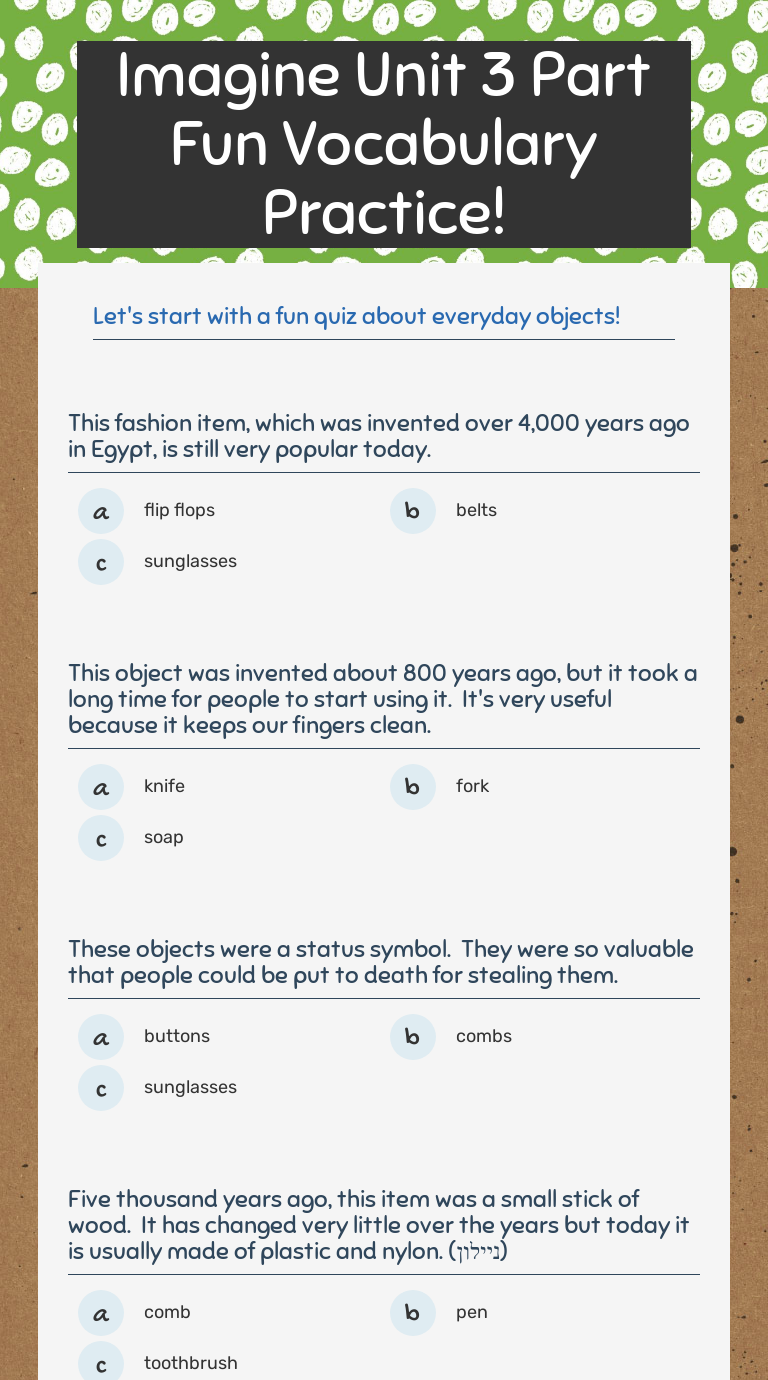 Imagine Unit 3 Part worksheet