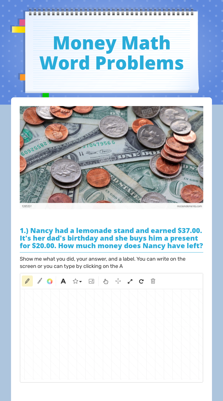 Money Math Word Problems Interactive Worksheet By Mariah Dolan Wizer me