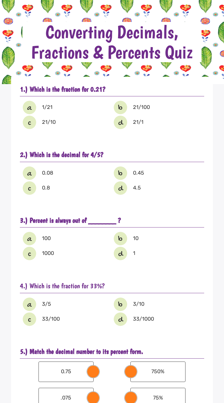 Converting Decimals, Fractions & Percents Quiz | Interactive Worksheet ...