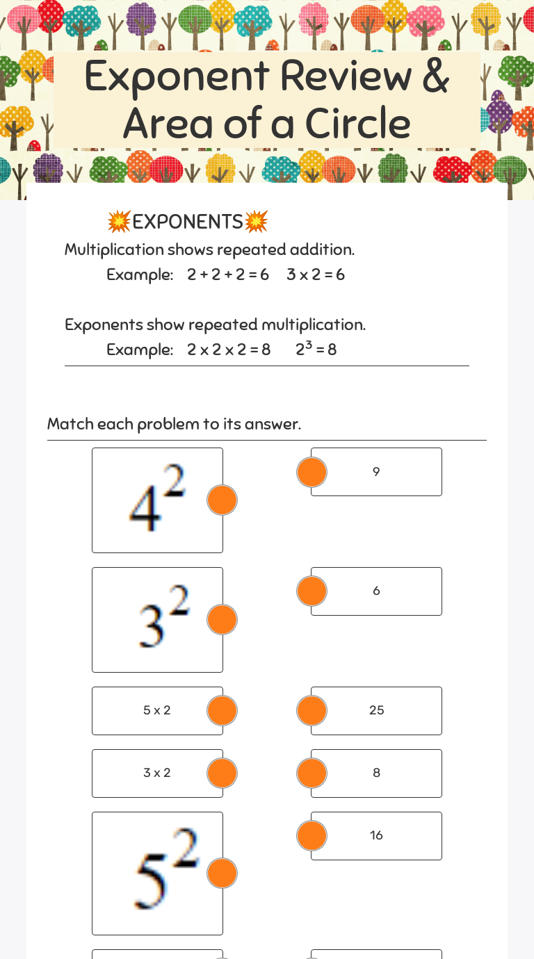 Exponent Review & Area of a Circle | Interactive Worksheet by Emily ...