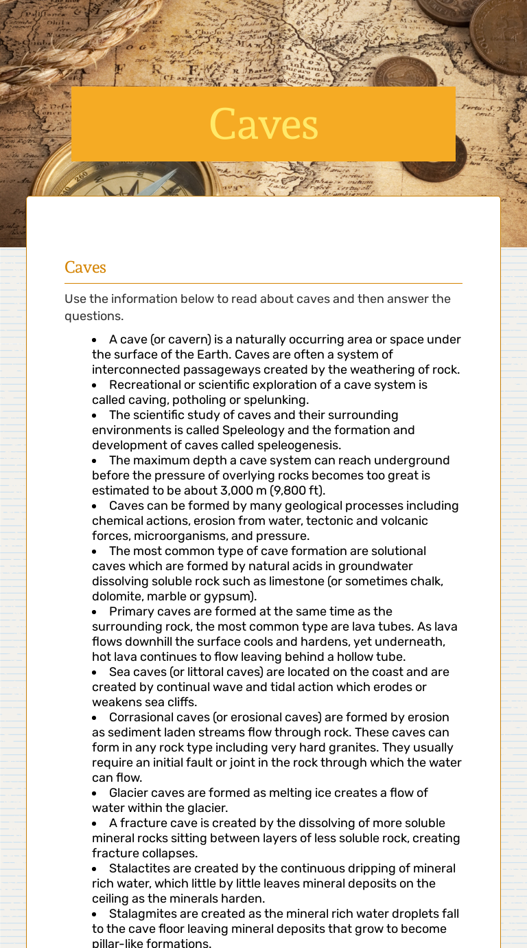 Caves | Interactive Worksheet by Jennifer Rowe | Wizer.me