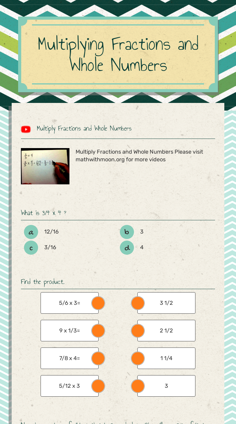 Multiplying Fractions And Whole Numbers Interactive Worksheet By