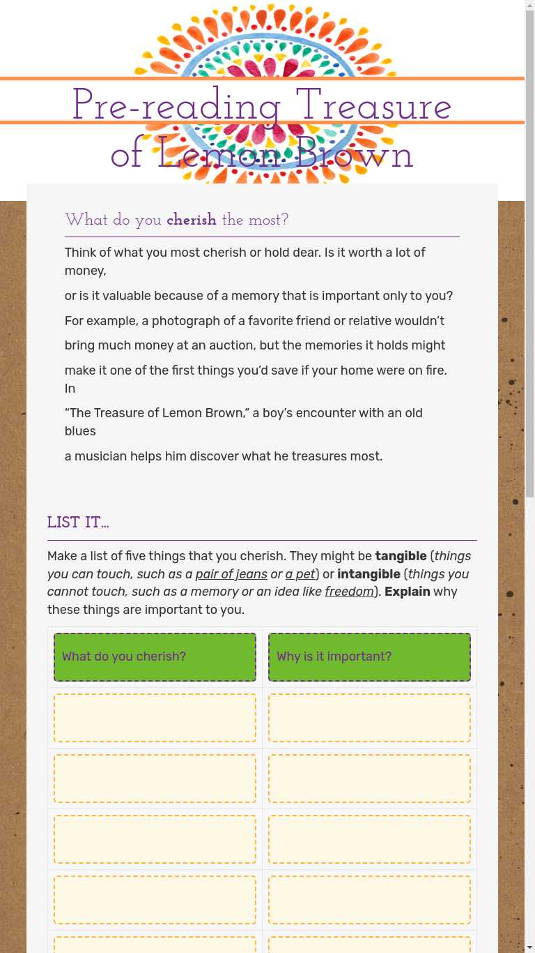 Pre-reading Treasure of Lemon Brown worksheet