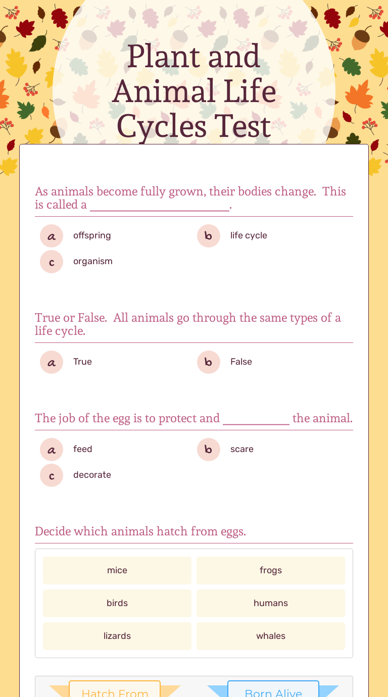 Plant and Animal Life Cycles Test | Interactive Worksheet by Joni ...