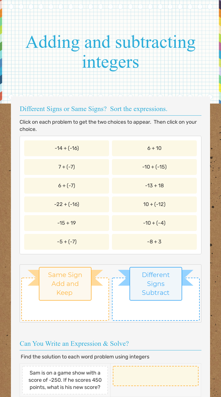 Adding and subtracting integers | Interactive Worksheet by Brittni ...