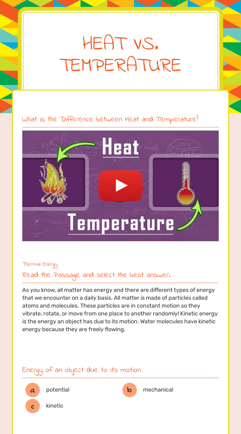 Heat vs. Temperature | Interactive Worksheet by Jasmine Washington ...