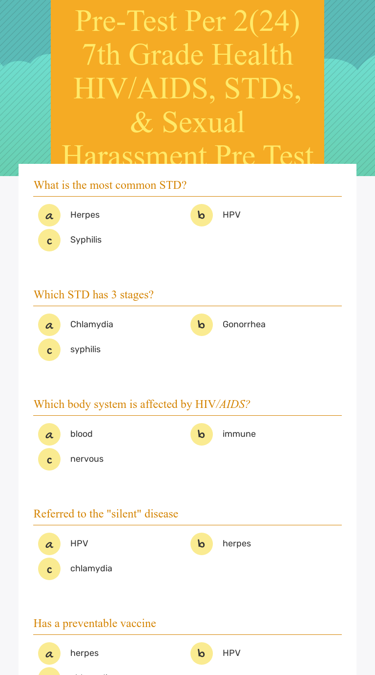 Pre-Test Per 2(24) 7th Grade Health HIV/AIDS, STDs, & Sexual Harassment ...