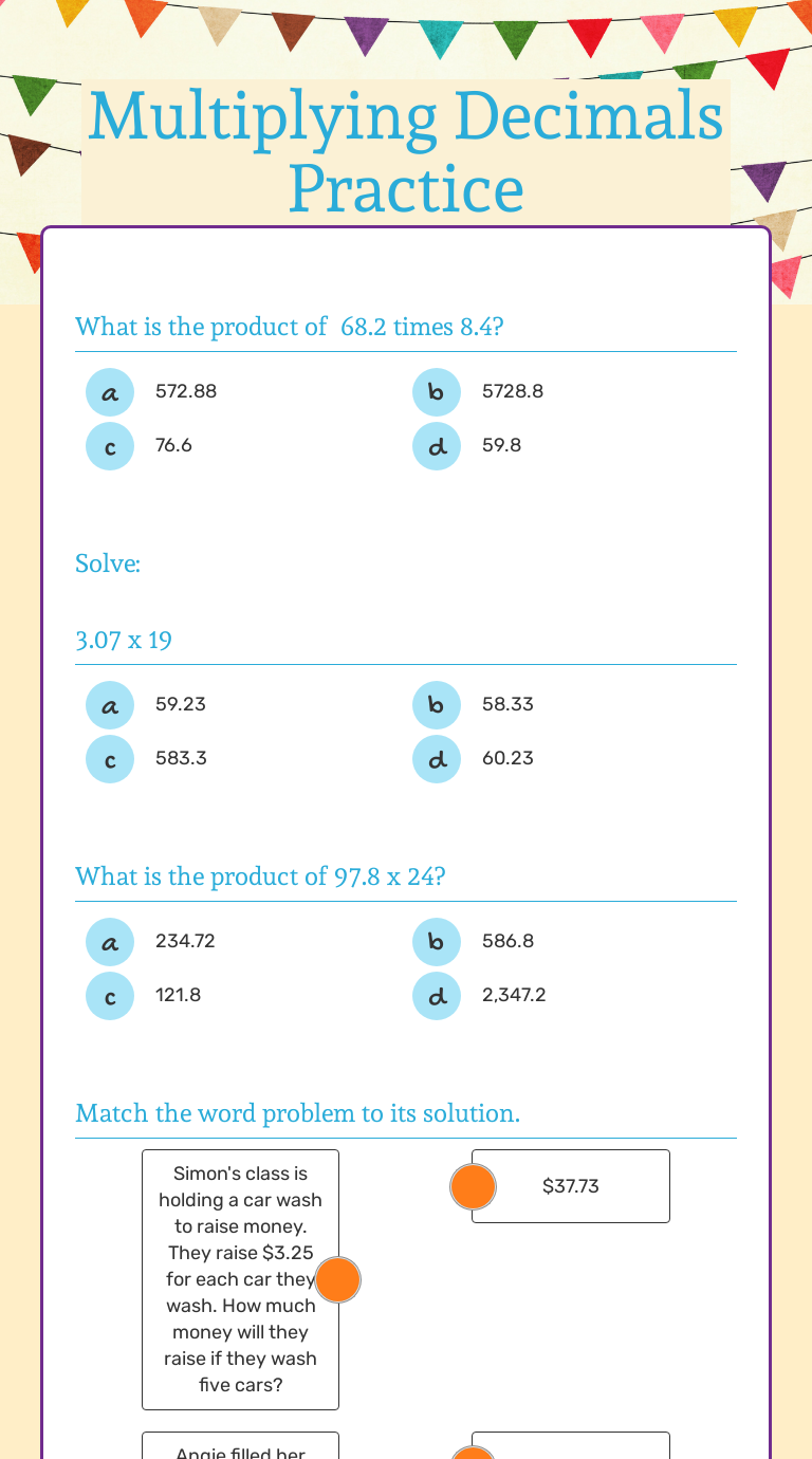 Multiplying Decimals Practice worksheet