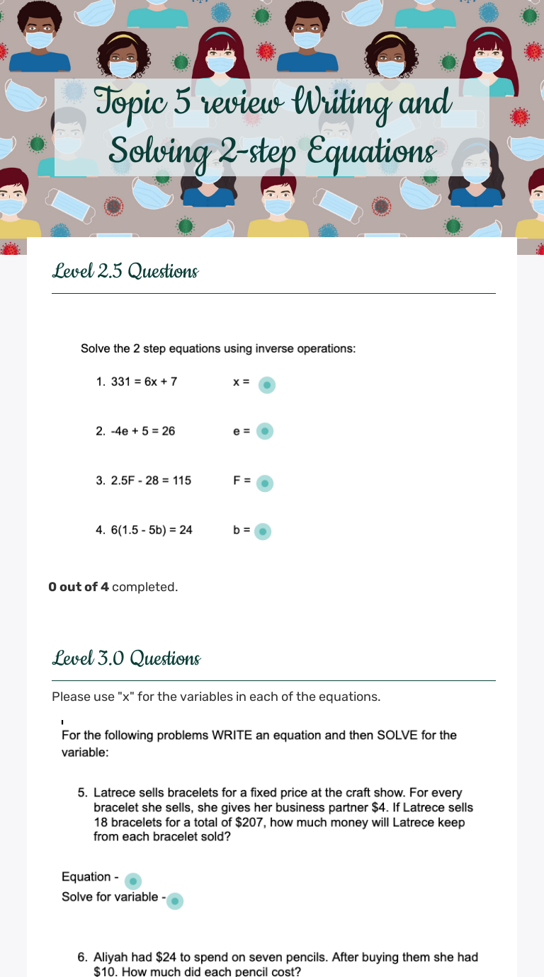 Topic 5 Review Writing And Solving 2 step Equations Interactive 