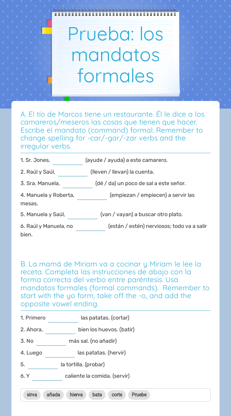 Prueba: los mandatos formales | Interactive Worksheet by Esperanza ...
